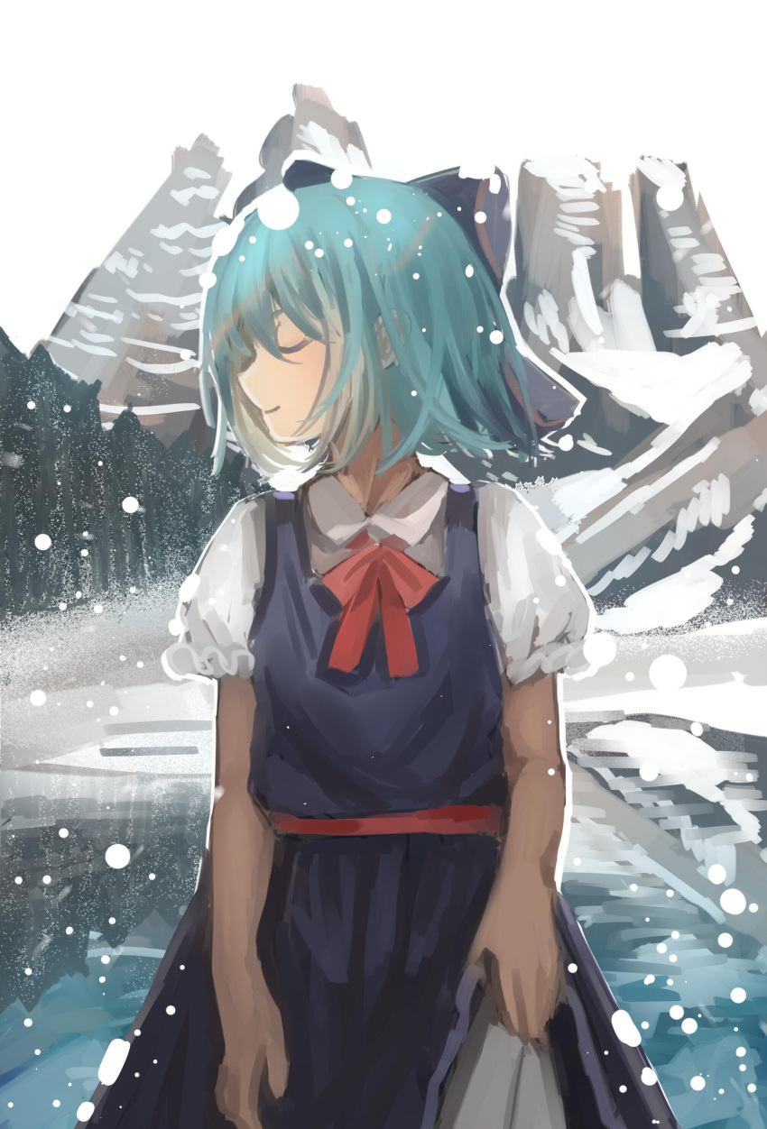 Safebooru - 1girl absurdres blue bow blue dress blue hair bow cirno closed eyes closed mouth ...