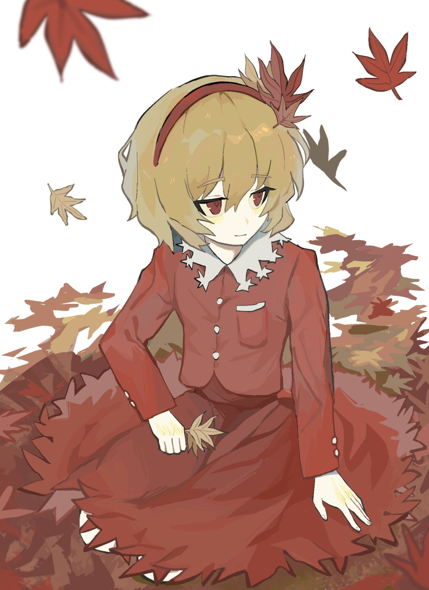 Safebooru - 1girl aki shizuha autumn leaves blonde hair buttons closed mouth collared shirt hair ...