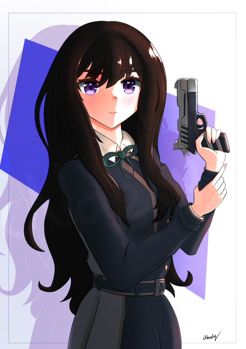 Safebooru - 1girl bangs belt black hair blue belt blue dress collared shirt commentary request ...