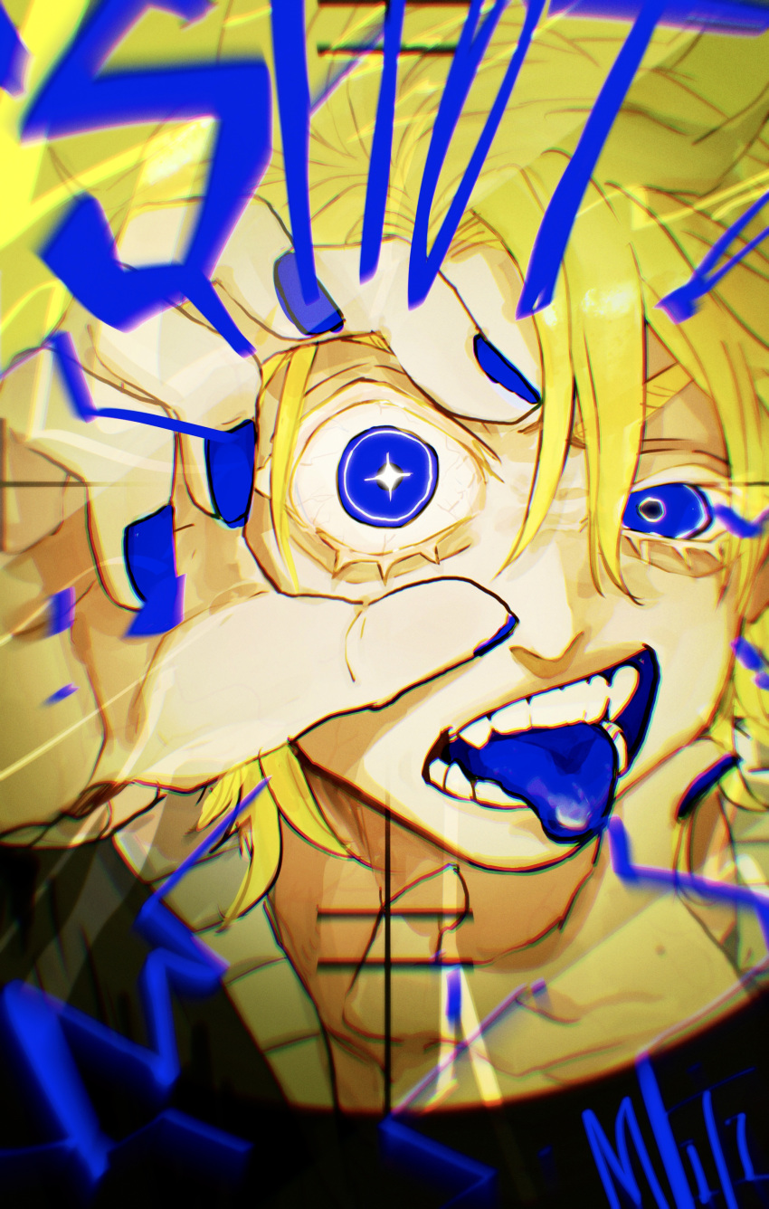 Safebooru - 1boy absurdres blonde hair blue eyes blue nails blue tongue chromatic aberration ...