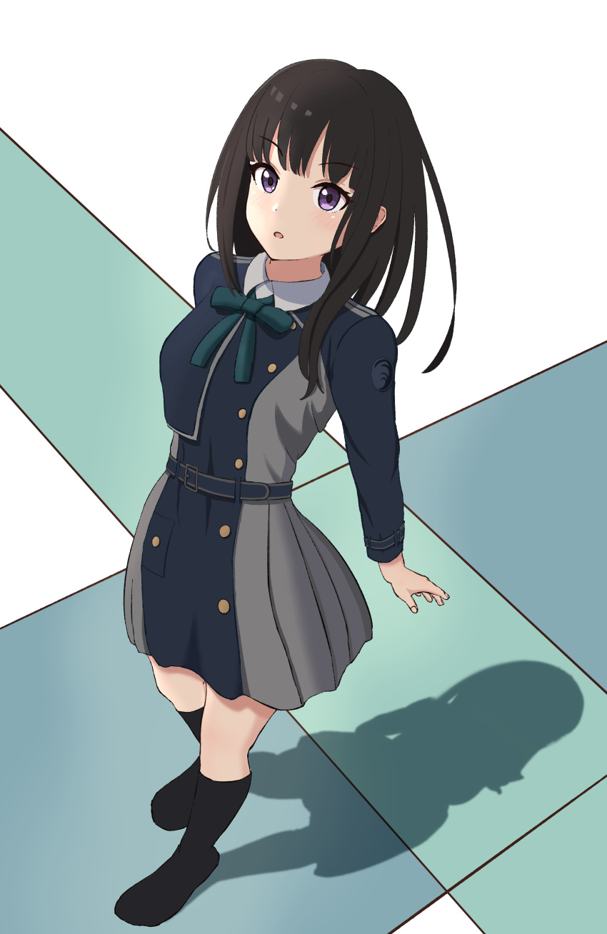 Safebooru - 1girl bangs belt black hair blue belt blue dress collared shirt commentary request ...