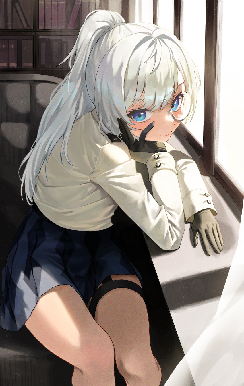 Safebooru - 1girl absurdres ahoge bangs blue eyes blue skirt book bookshelf breasts brown gloves ...