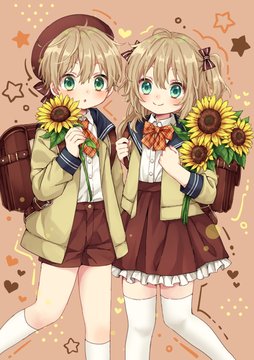 Safebooru - 1boy 1girl :o aqua eyes backpack bag blonde hair closed mouth flower hat highres ...