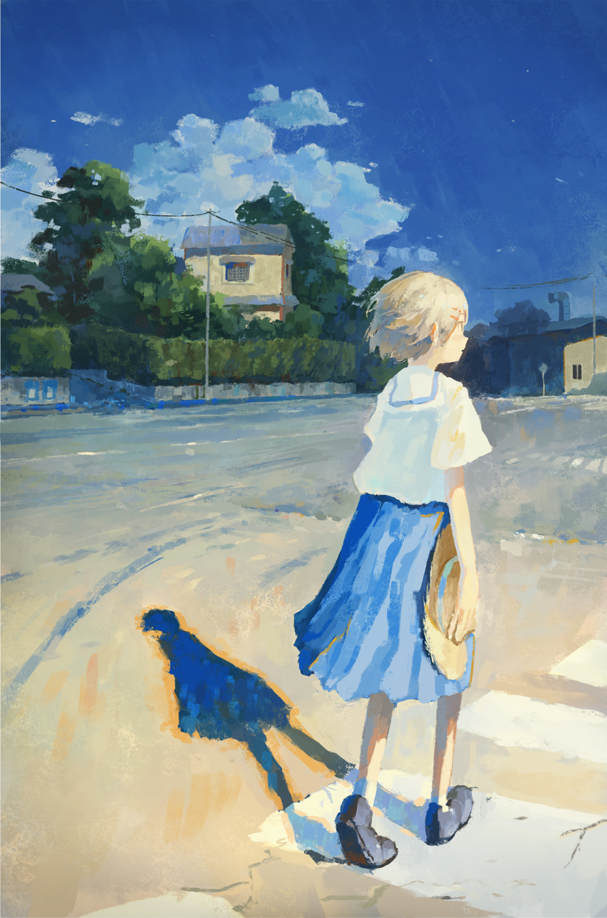 Safebooru - 1girl black footwear blonde hair blue skirt blue sky bush clouds evening faux ...