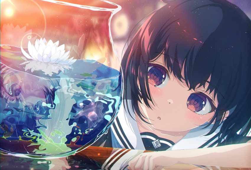 Safebooru - 1girl :o bangs black hair black shirt blurry blurry background blush condensation ...