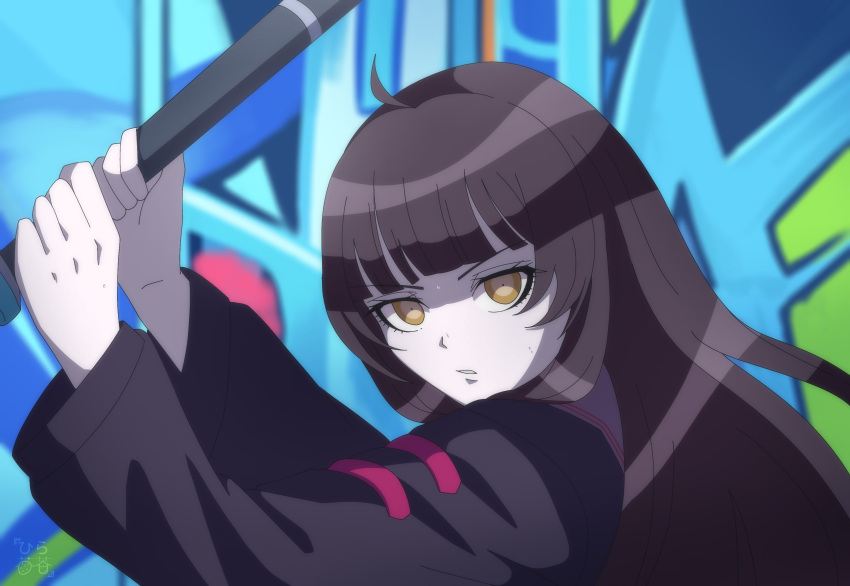 Safebooru - 1girl absurdres baseball bat black hair brown eyes highres hira icigocha ibispaint ...