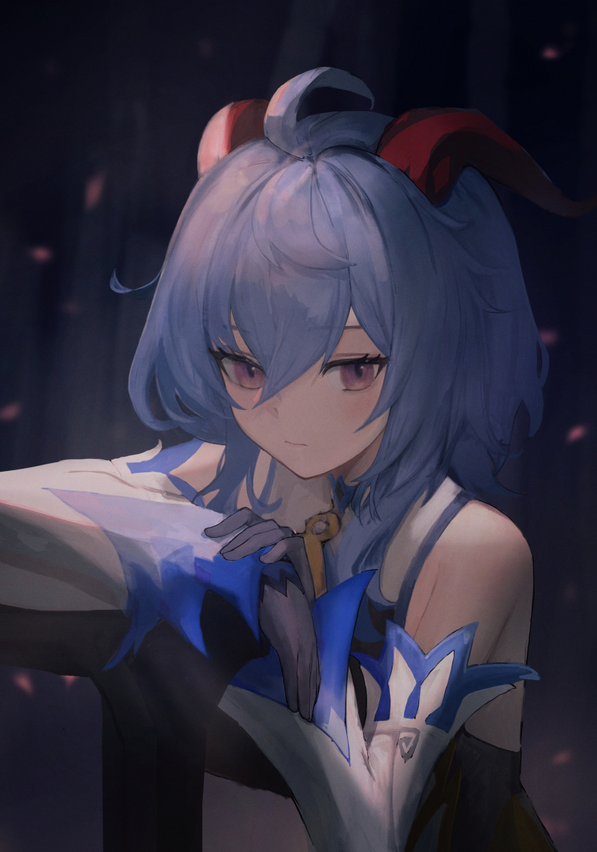 Safebooru - 1girl absurdres ahoge anli bangs bare shoulders bell black gloves blue hair breasts ...