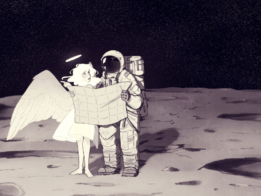 Safebooru 1girl 1other Ambiguous Gender Astronaut Barefoot Dress Halo 1600