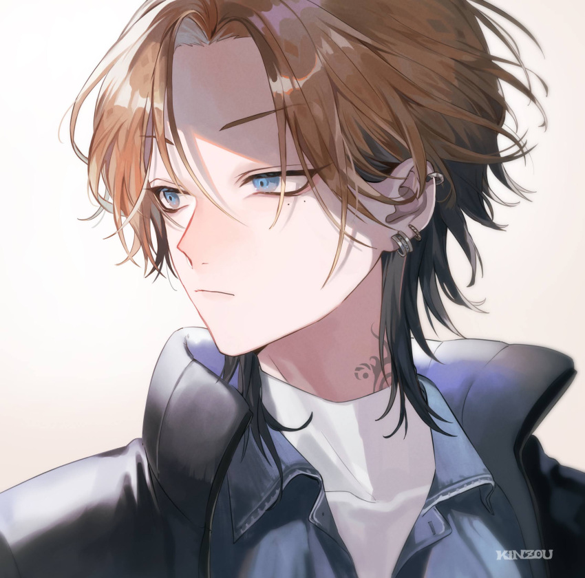 Safebooru 1boy Black Jacket Blue Eyes Brown Hair Ear Piercing 9714