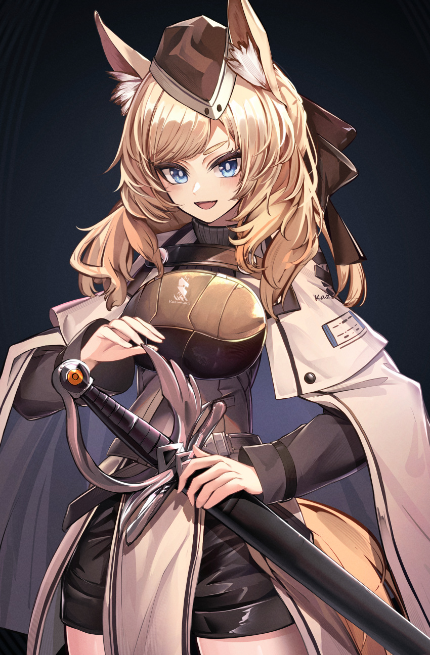 Safebooru - 1girl :d absurdres animal ears arknights armor bangs blonde hair blue eyes blush ...