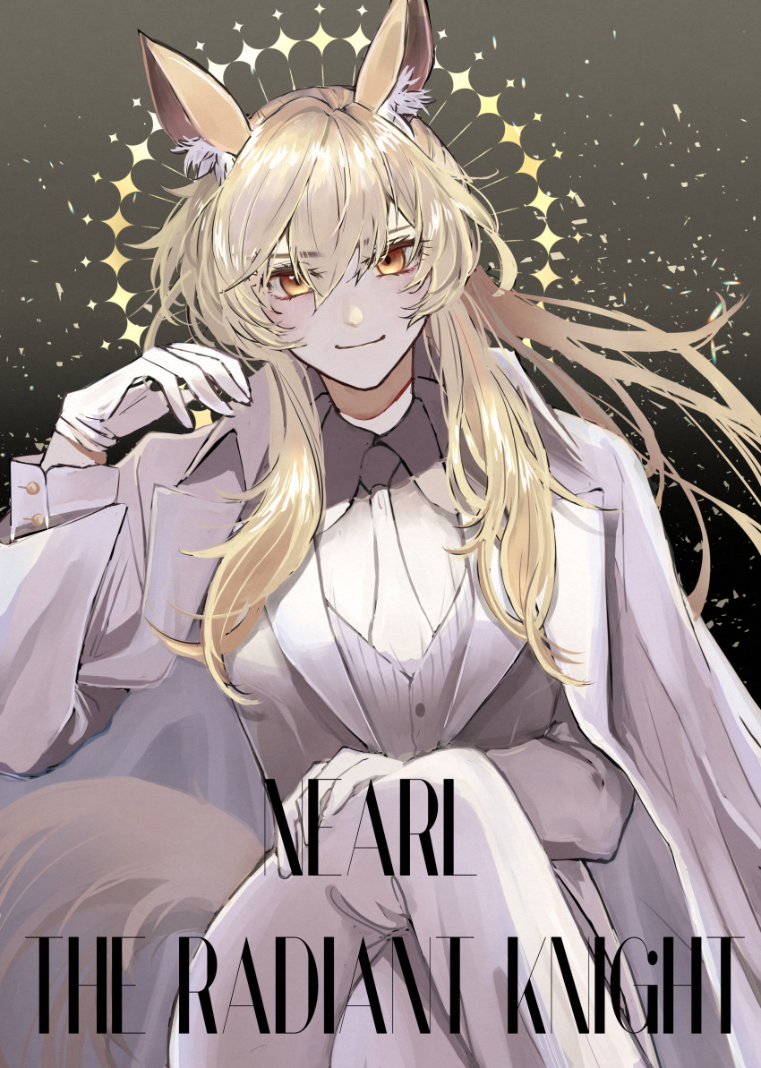 Safebooru - 1girl absurdres animal ears arknights blonde hair character name coat coat on ...