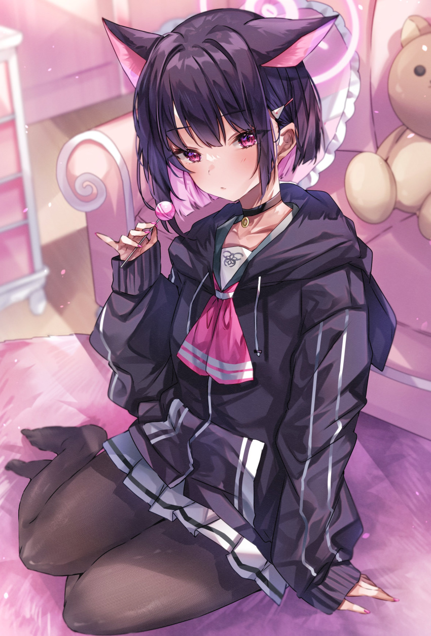 Safebooru - 1girl absurdres animal ears bangs black hair blue archive candy cat ears choker ...