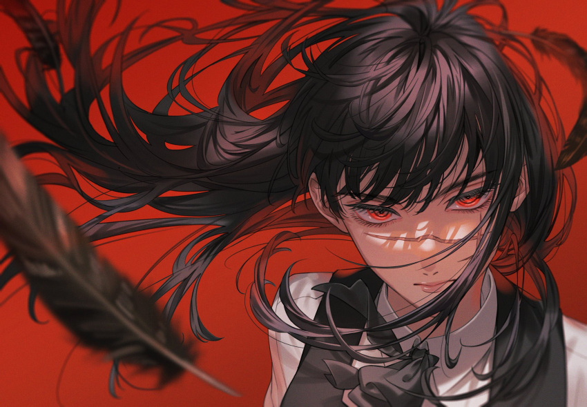 Safebooru - 1girl am88121 bangs black feathers black hair blurry chainsaw man close-up collared ...