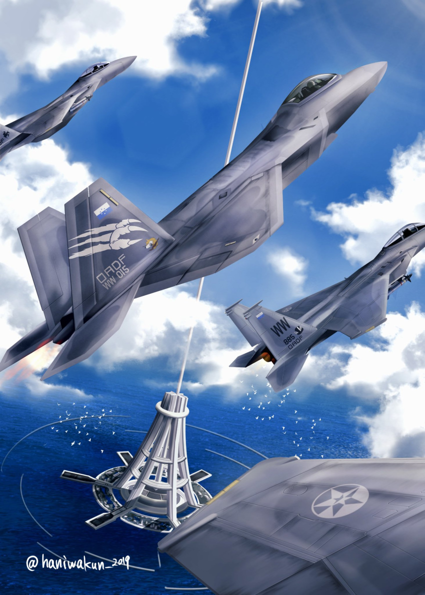 Safebooru - ace combat ace combat 7 aircraft airplane artist name bird blue sky clouds count ...