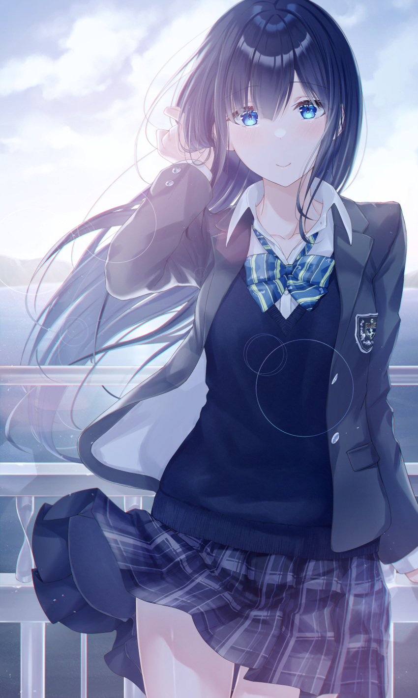Safebooru - 1girl bangs blazer blue bow blue bowtie blue eyes blue hair blue sweater blush bow ...