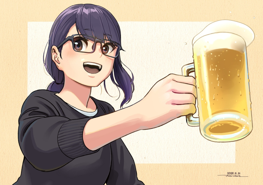 Safebooru - 1girl :d alcohol beer beer mug black-framed eyewear brown eyes commentary cup ...