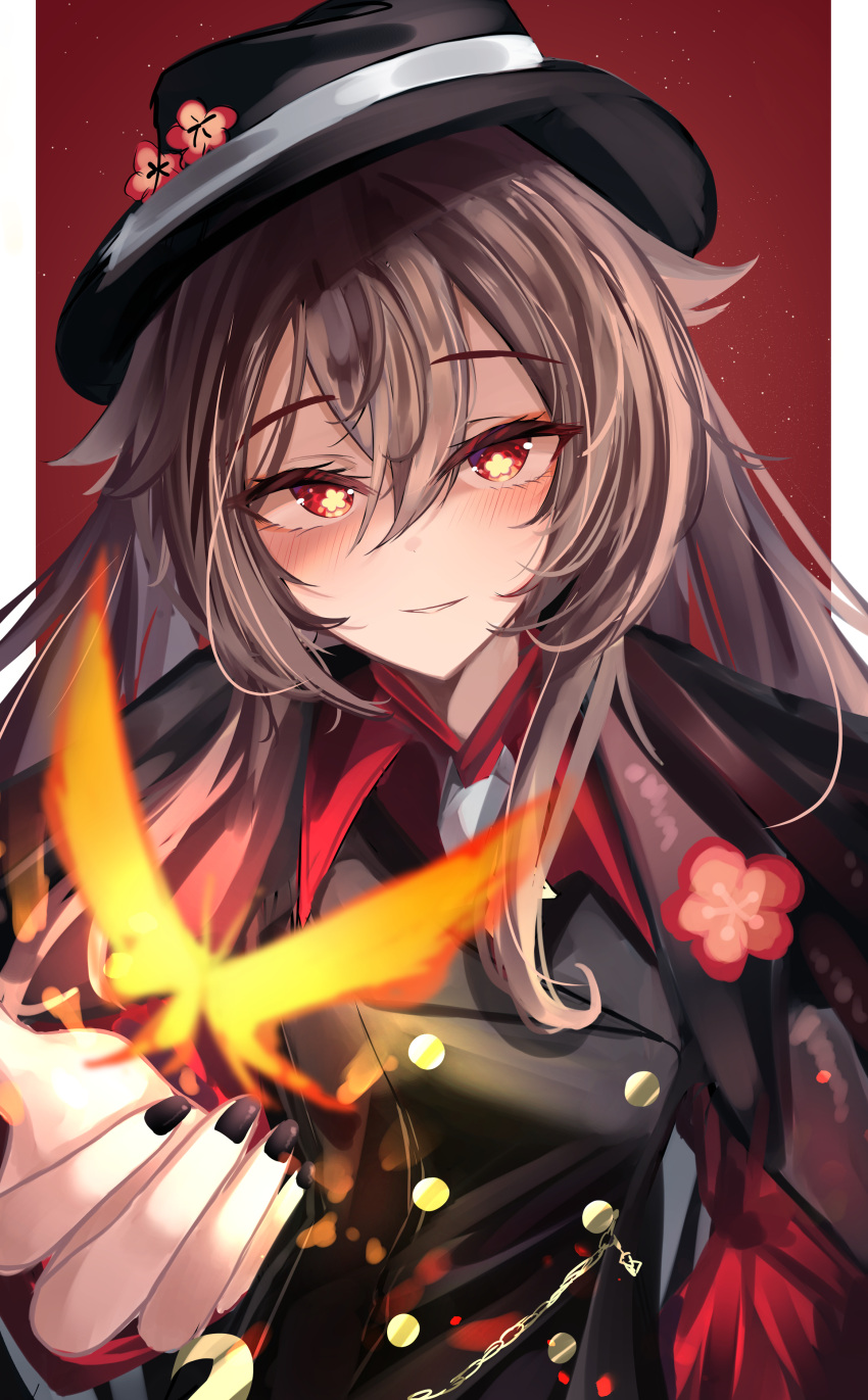 Safebooru - 1girl absurdres bangs black coat black headwear black nails blush brown hair bug ...