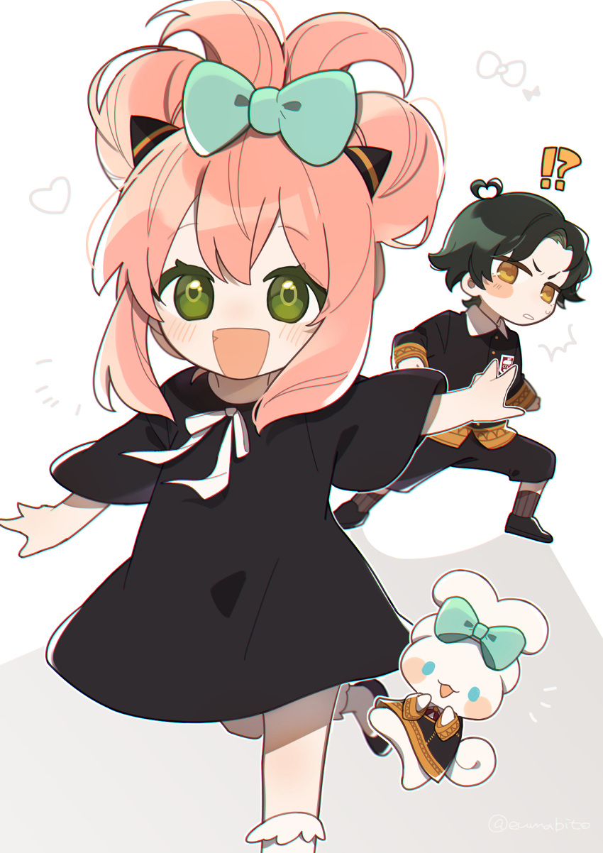 Safebooru - !? 1boy 1girl :3 :d ahoge alternate hairstyle anya (spy x family) bangs black dress ...