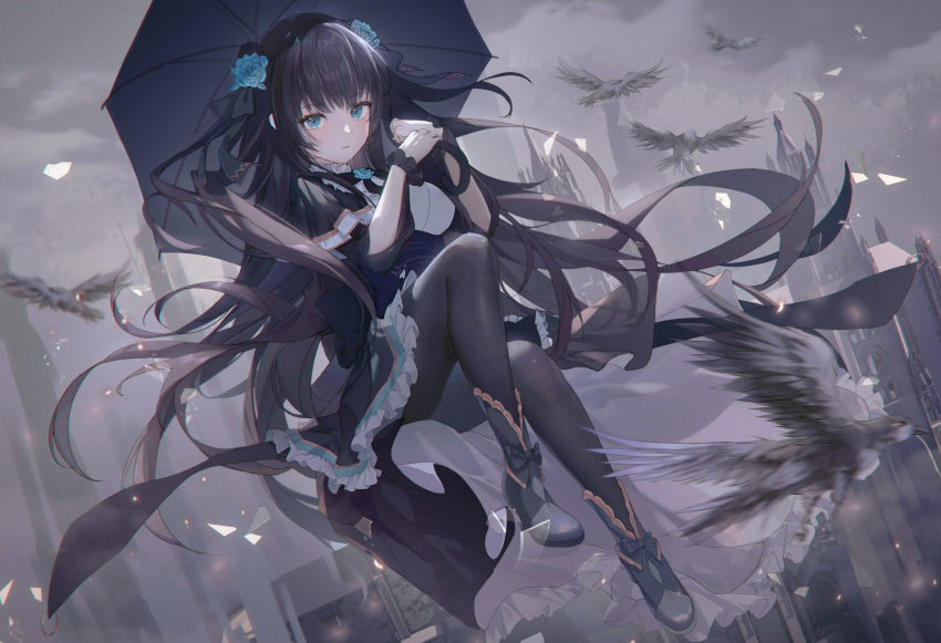 Safebooru - 1girl absurdres arcaea bangs bird black hair blue eyes blue flower blue rose blush ...