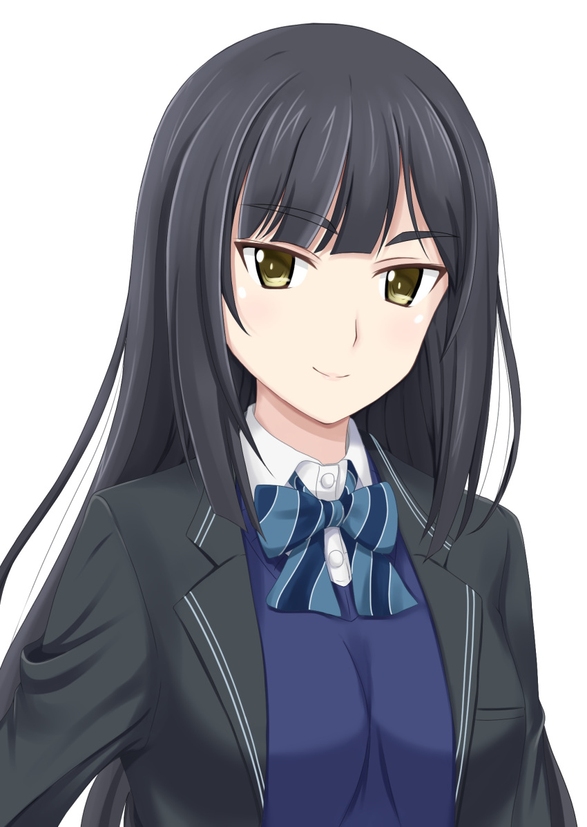 Safebooru - 1girl bangs black hair black jacket blazer blue bow blue bowtie blue vest blunt ...