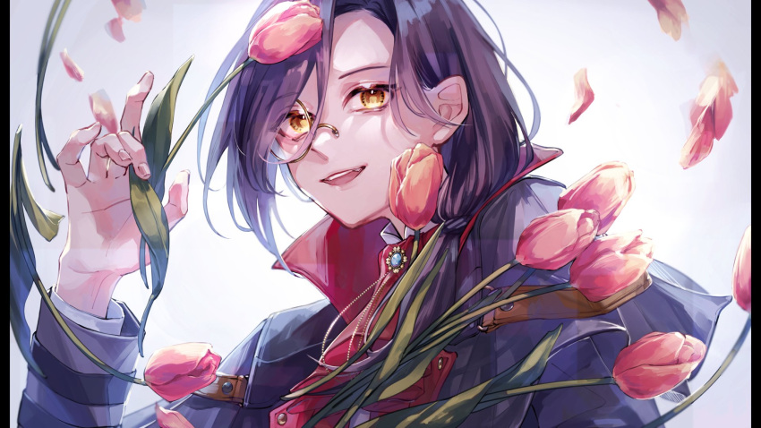 Safebooru - 1boy ascot black hair falling petals flower highres long ...