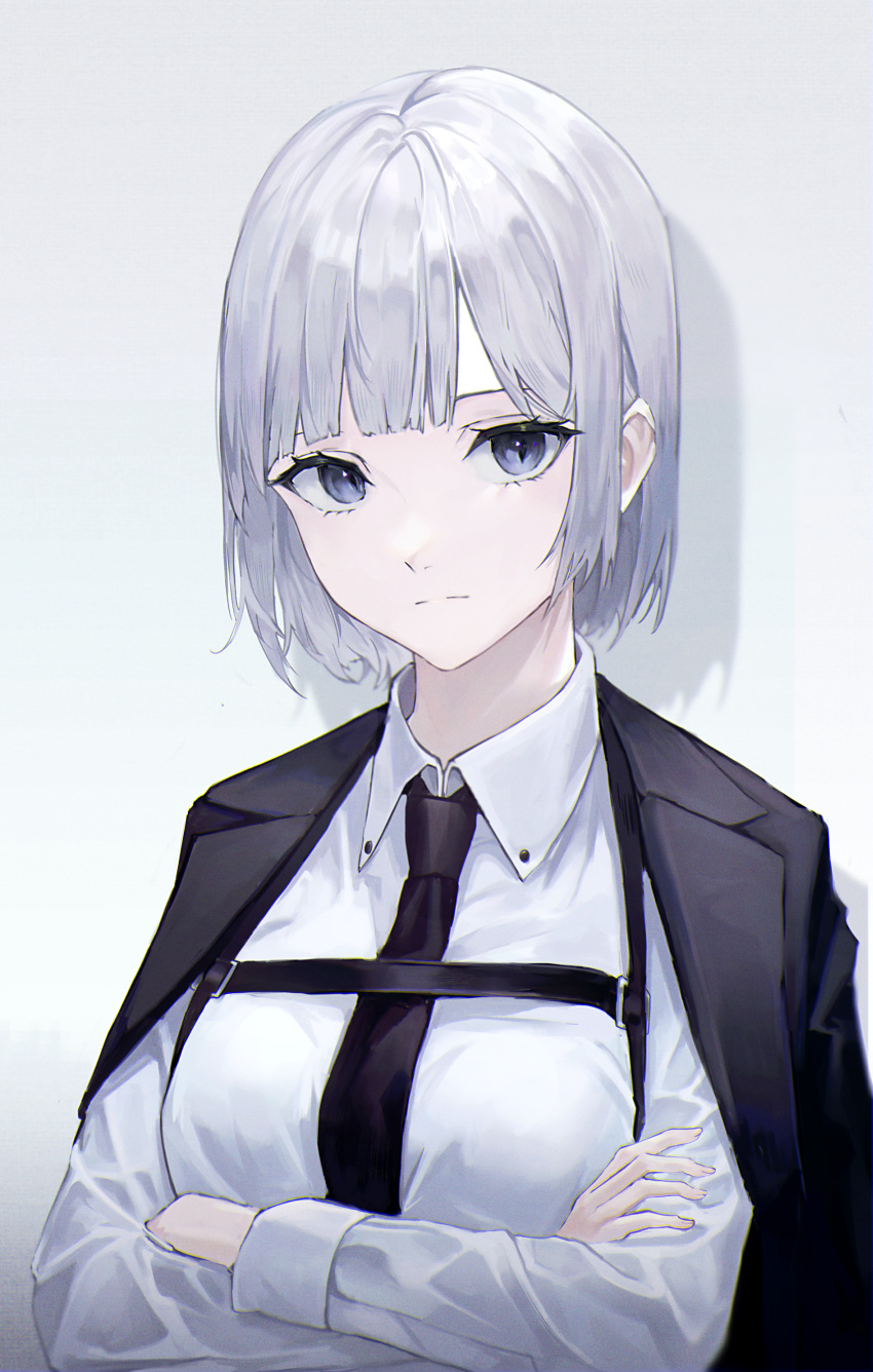 Safebooru - 1girl absurdres black necktie blue eyes closed mouth crossed arms eyelashes film ...