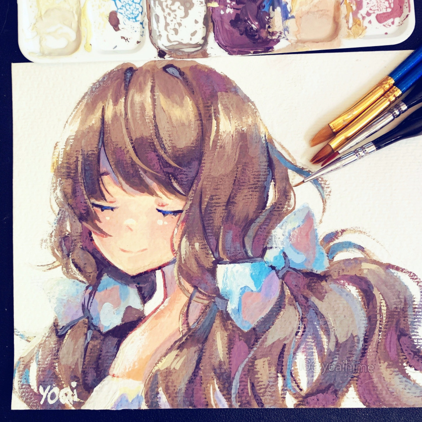 Safebooru - 1girl absurdres anny (yoai) artist name blue bow bow brown hair closed eyes closed ...