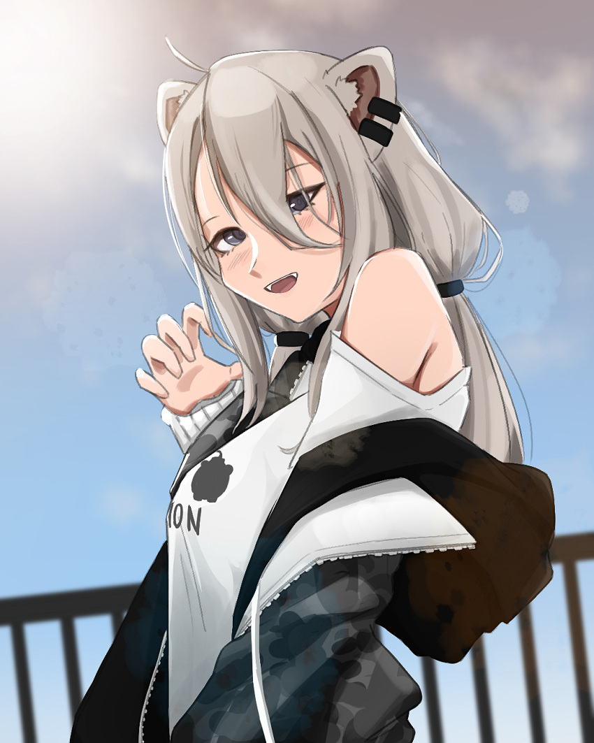 Safebooru - 1girl ahoge animal ears black jacket blush breasts claw pose clothes writing ...