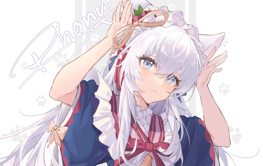 Safebooru - 1girl animal ears apron arms up bangs blue kimono blush cat ears closed mouth grey ...