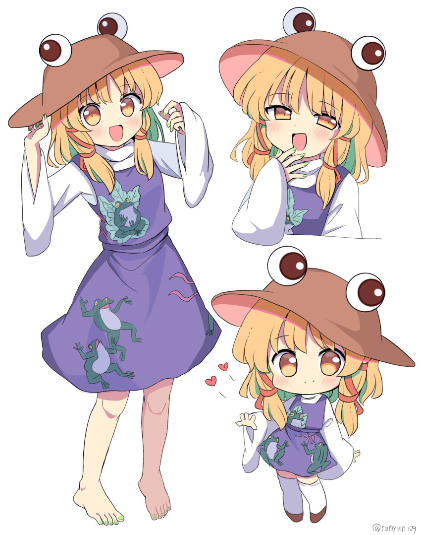 Safebooru - 1girl animal print bare legs barefoot blonde hair brown headwear chibi closed mouth ...