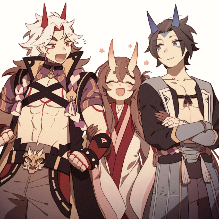 Safebooru - 1girl 2boys :d ^ ^ arataki itto bangs belt black hair black jacket blue eyes blush ...