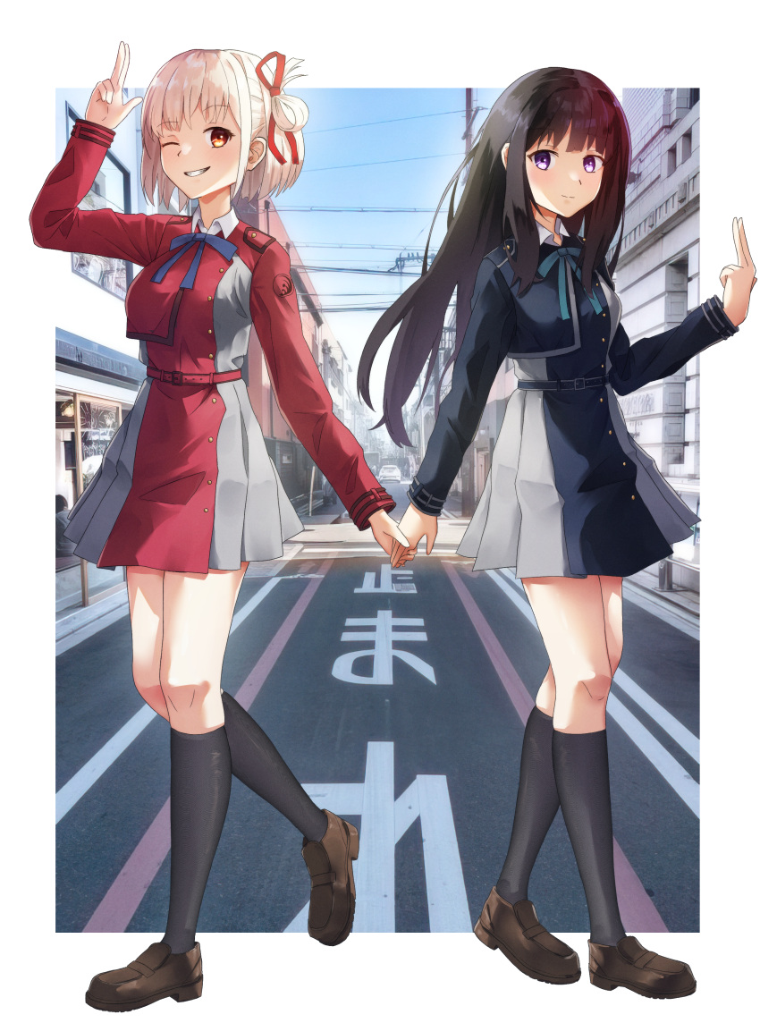 Safebooru - 2girls absurdres bangs belt black hair black socks blonde hair blue belt blue dress ...