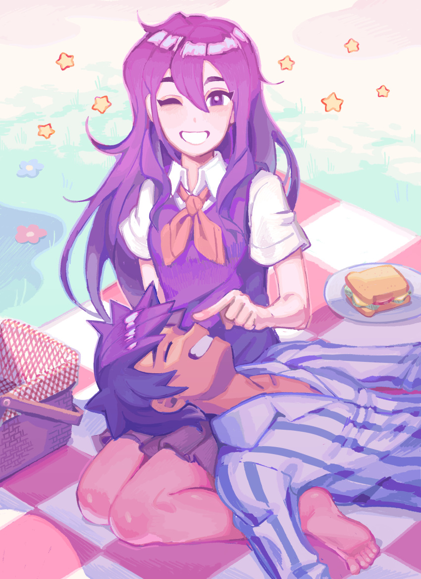 Safebooru - 1boy 1girl absurdres barefoot blanket blush closed eyes collared shirt commission ...