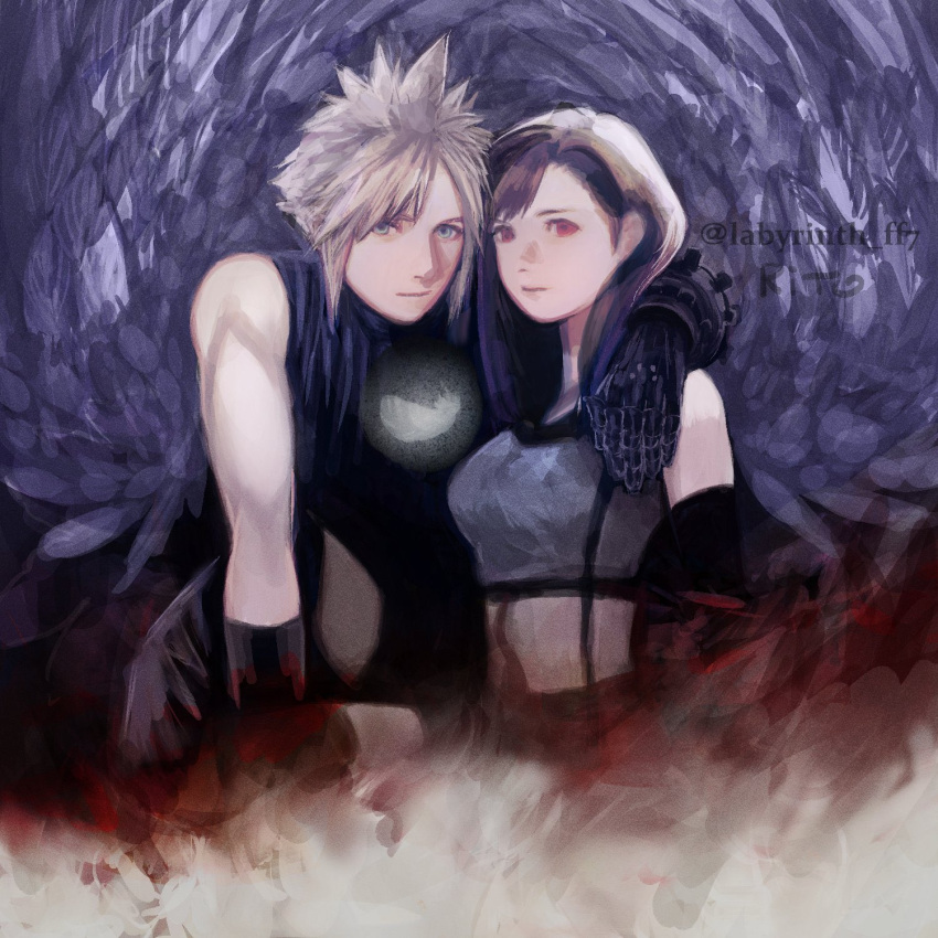 Safebooru - 1boy 1girl black hair blonde hair blue eyes cloud strife crop top detached sleeves ...