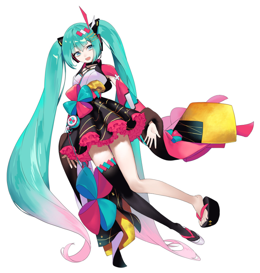 Safebooru - 1girl :d aqua bow aqua hair armpits arms at sides asymmetrical bangs bangs black ...