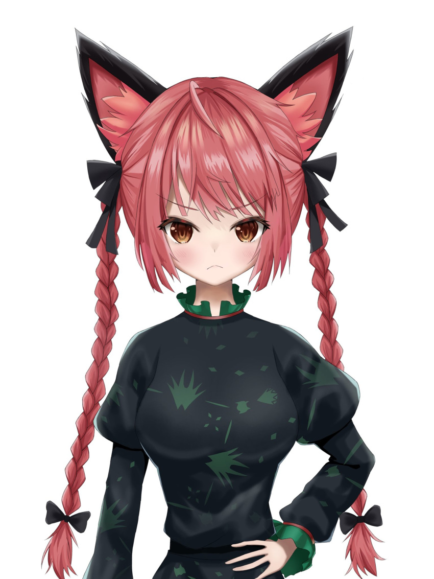 Safebooru - 1girl animal ears black bow blush bow braid cat ears dress frown glaring green dress ...