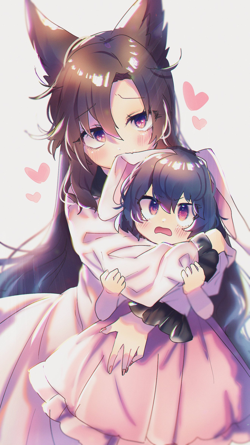 Safebooru - 2girls animal ears black hair brown hair dress floppy ears ...