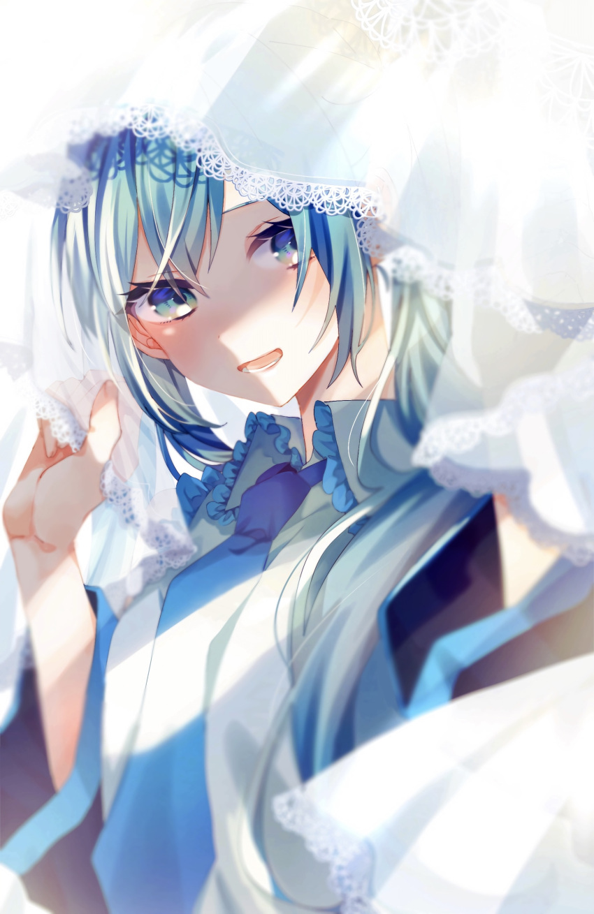 Safebooru - 1girl :d absurdres bangs black sleeves blue eyes blue hair blue necktie collared ...