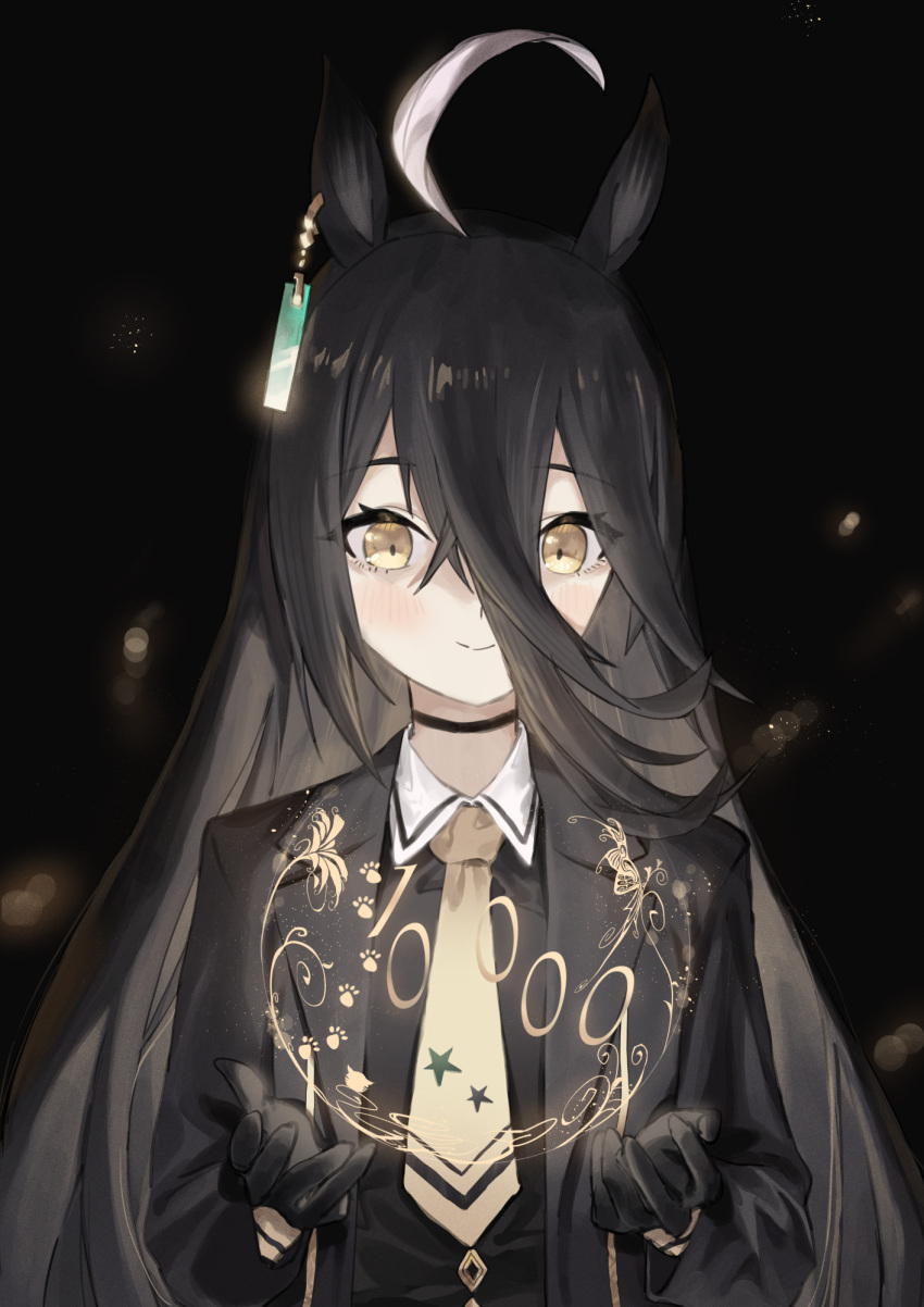 Safebooru - 1girl ahoge amano kokoko animal ears bangs black background black coat black gloves ...
