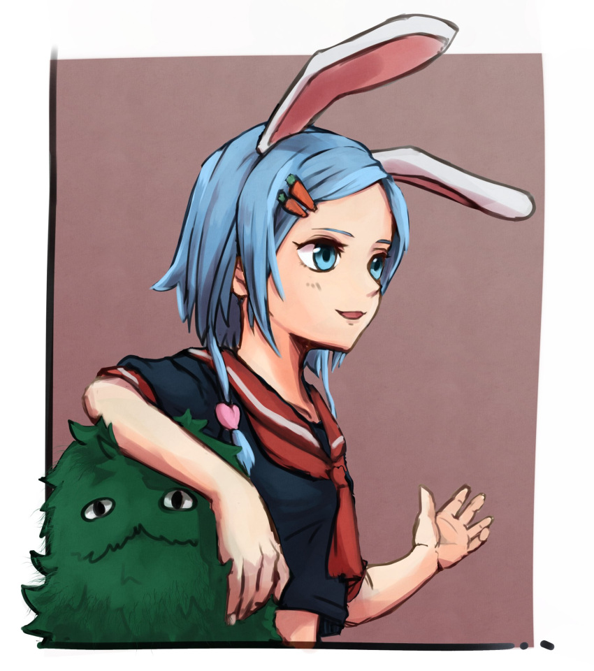 Safebooru - 1girl animal ears asagi glauca bangs black shirt blue eyes blue hair breasts bush ...