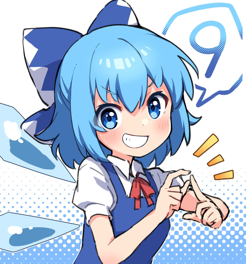 Safebooru - 1girl :d blue bow blue eyes blue hair bow cirno dress grin hair bow highres ice miz ...