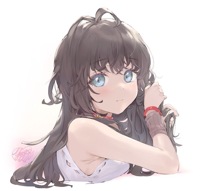 Safebooru - 1girl antenna hair artist logo bangs brown hair choker closed mouth cropped torso ...