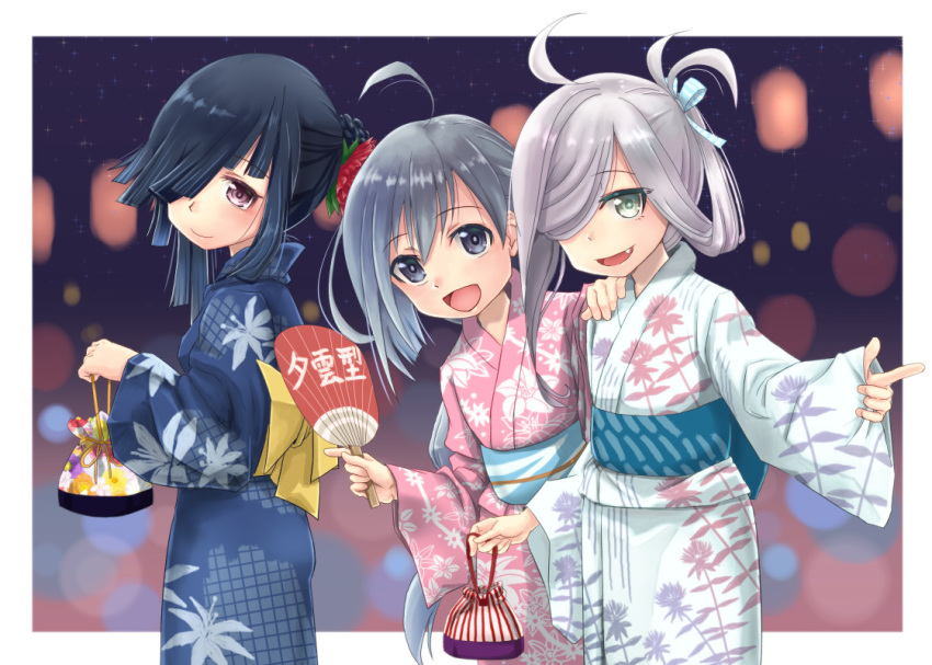 Safebooru - 3girls black eyes black hair flower grey eyes grey hair hair flower hair ornament ...