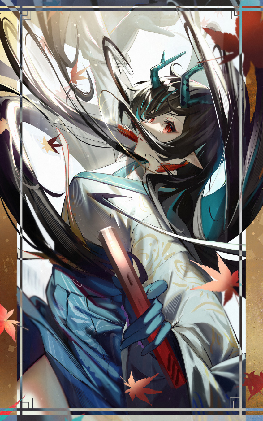 Safebooru - 1girl absurdres ambience synesthesia arknights autumn leaves black hair blue hakama ...