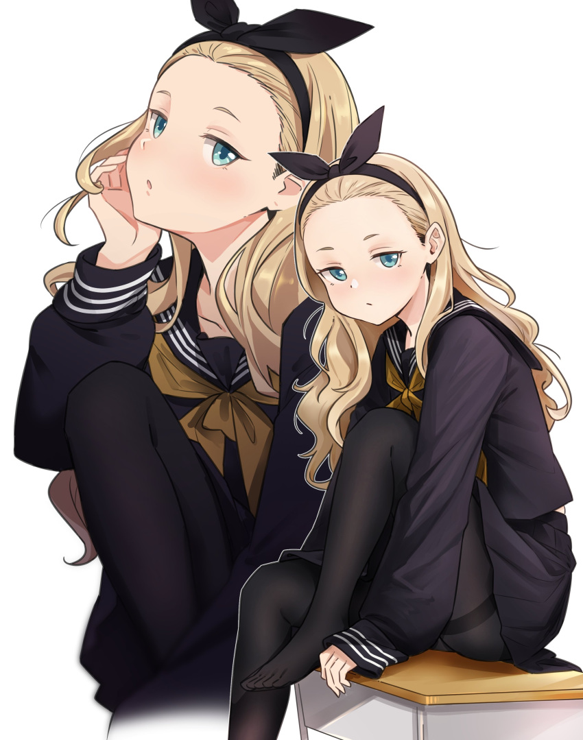 Safebooru - 1girl absurdres black pantyhose black ribbon black sailor collar black serafuku ...