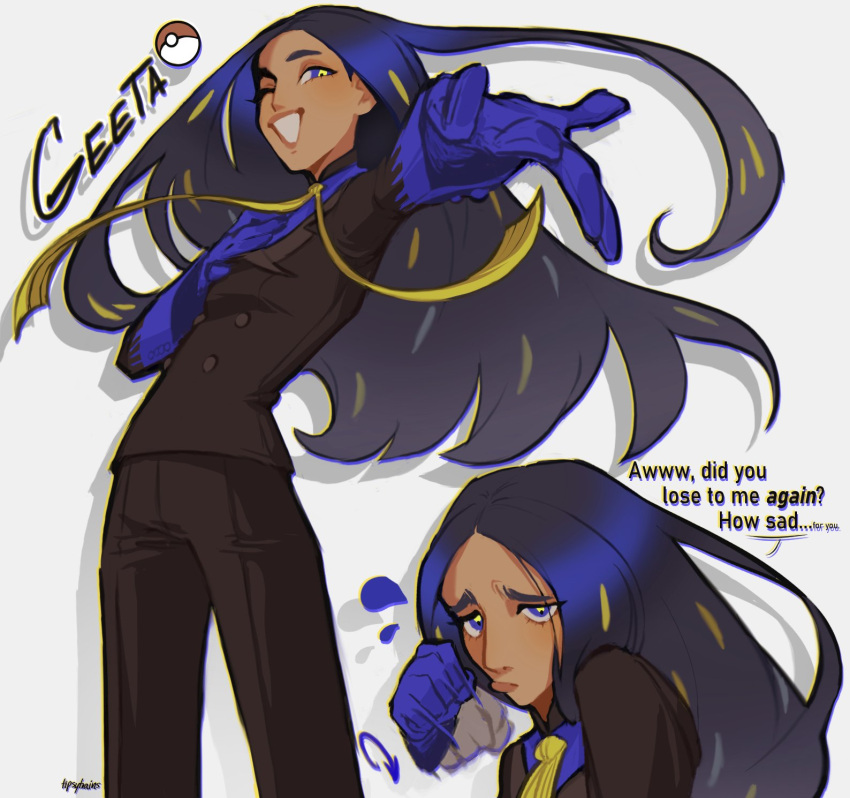 Safebooru - 1girl black hair black suit blue eyes blue gloves dark-skinned female dark skin ...