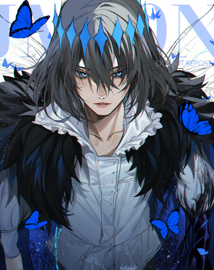 Safebooru - 1boy absurdres alternate hair color arthropod boy background text bangs black hair ...