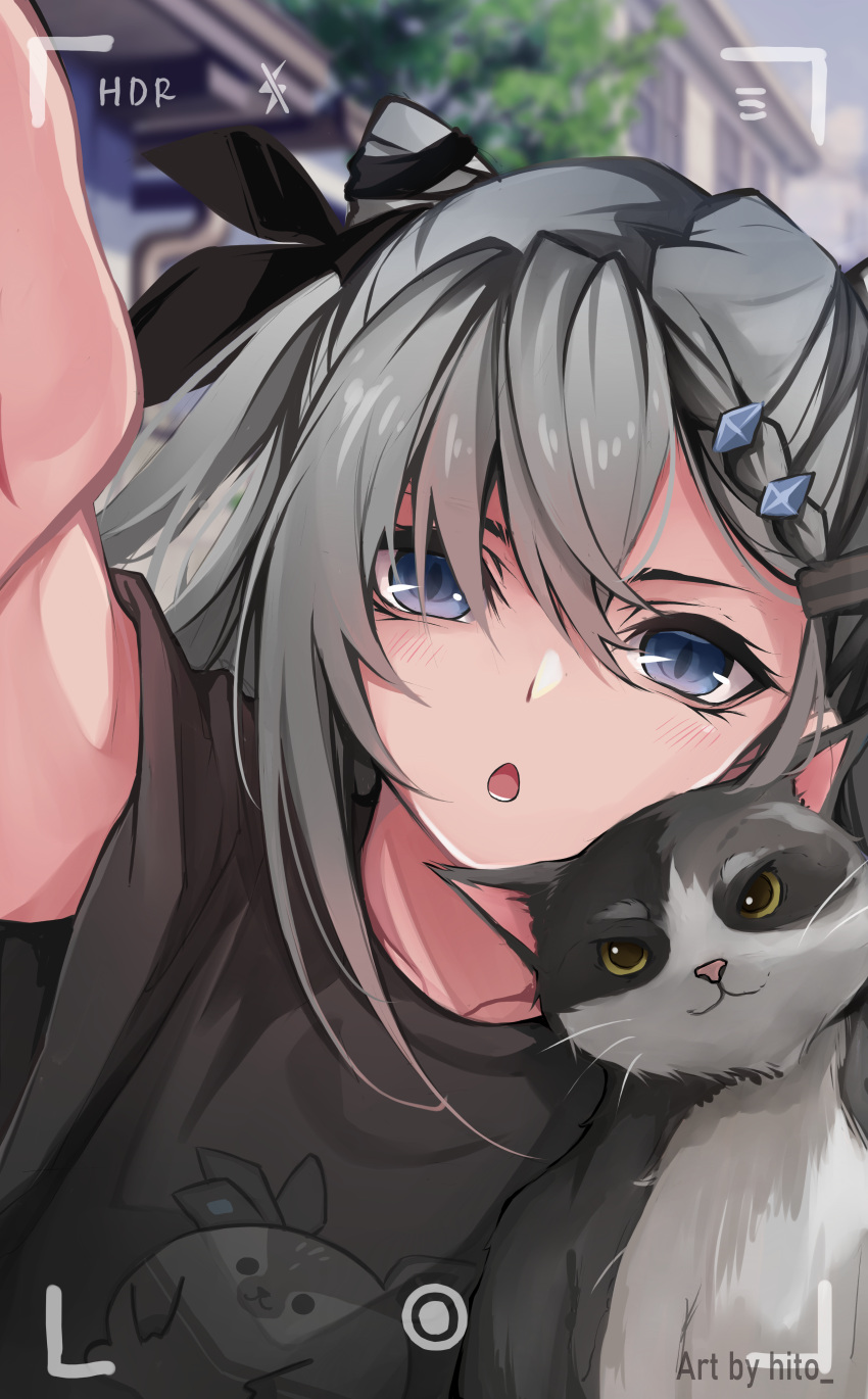 Safebooru - 1girl :o absurdres artist name bangs black shirt blue eyes braid cat cone hair bun ...