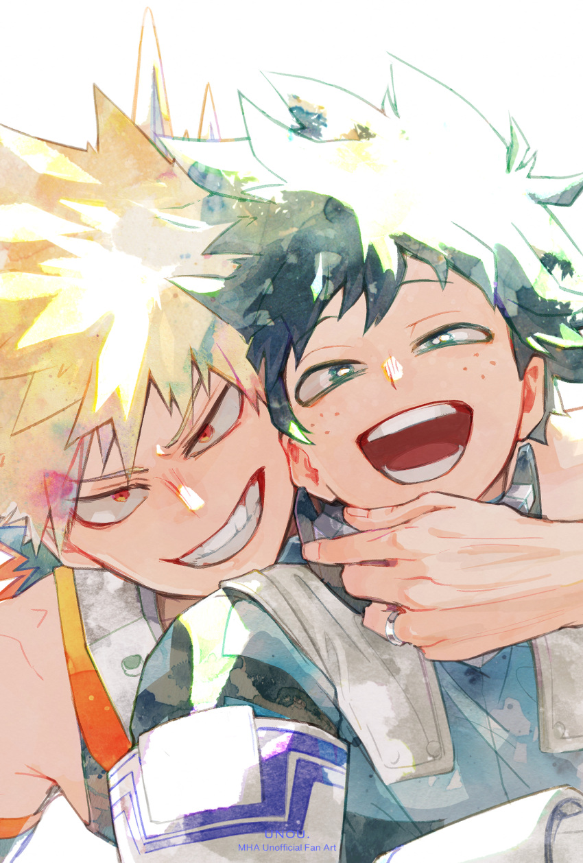 Safebooru - 2boys :d bakugou katsuki bangs bare shoulders bodysuit boku ...