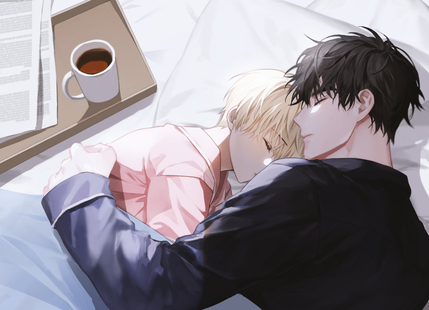 Safebooru - 1boy 1girl 1yeol eum absurdres black hair blonde hair closed eyes coffee coffee mug ...